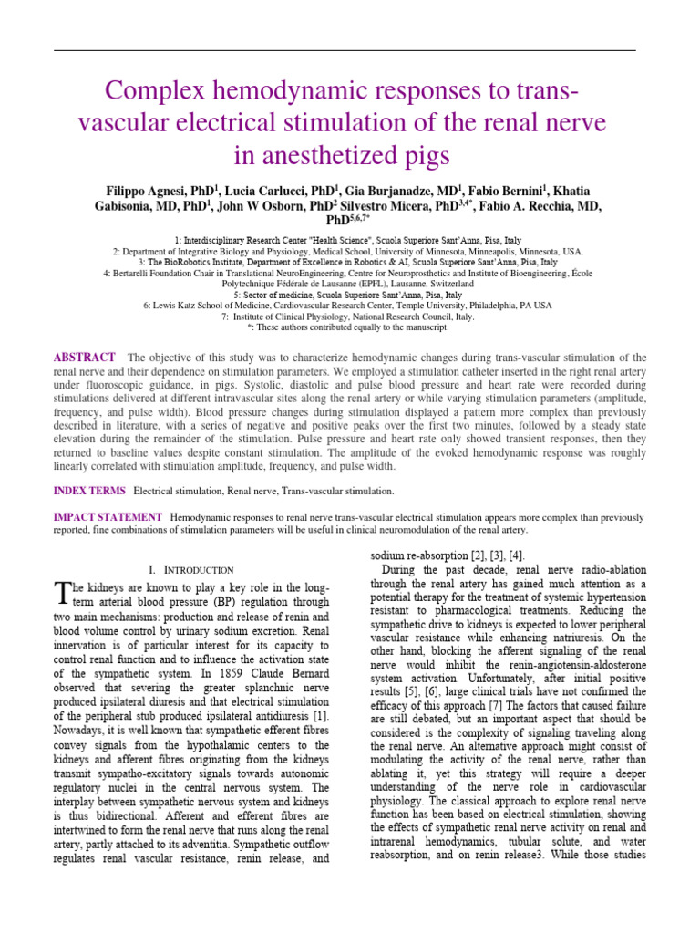Complex Hemodynamic Responses To Transvascular Electrical Stimulation of The Renal Nerve in ...