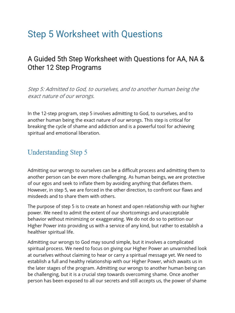 Step 5 Worksheet With Questions | Download Free PDF | Twelve Step ...
