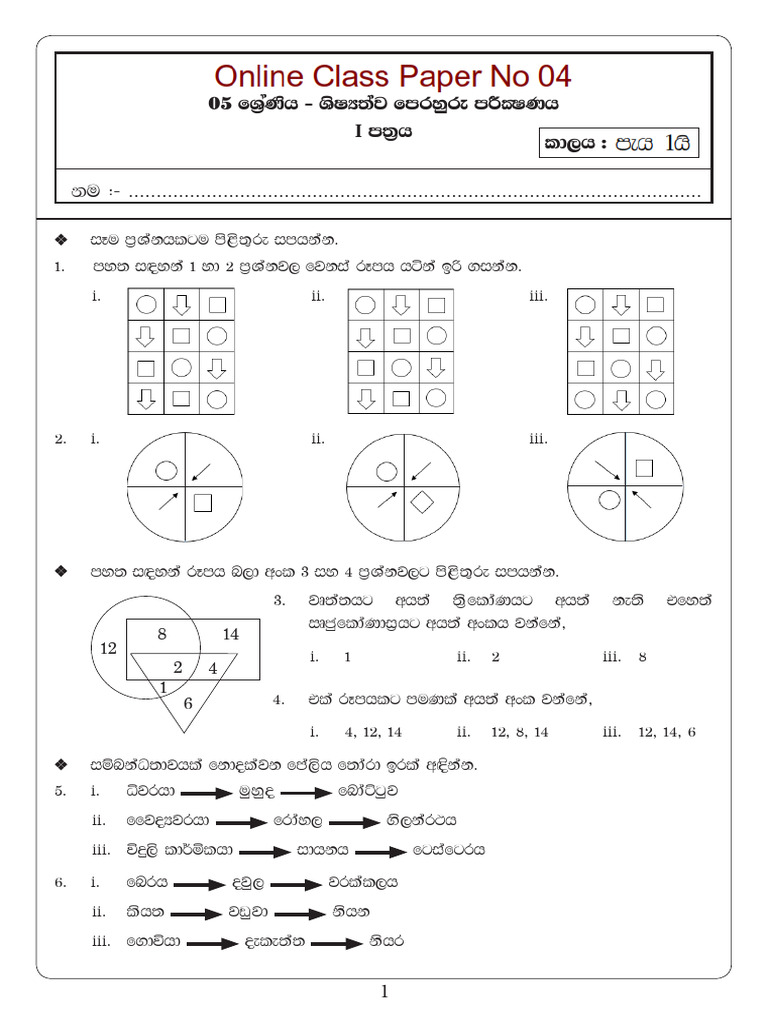Grade 05 Examination For Grade Five Students Model Paper 04 - I | PDF