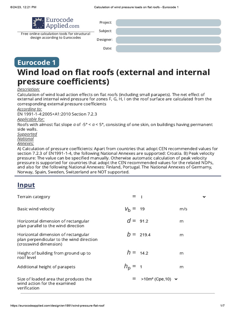 Calculation of Wind Pressure Loads On Flat Roofs - Eurocode 1454 | PDF | Pressure | Wound