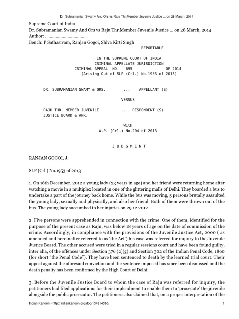 SUBRAMANIAN SWAMY VS RAJU THR. MEMBER JUVENILE JUSTICE | PDF | Crimes ...