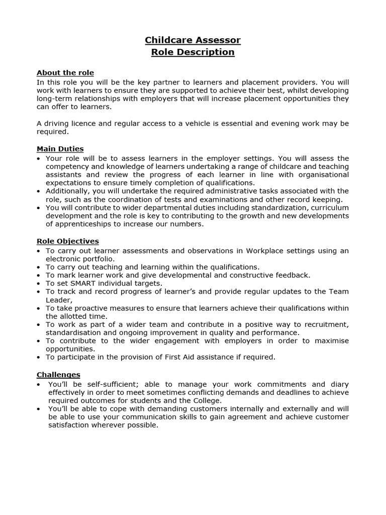 Role Description Childcare Assessor | PDF | Learning | Child Care