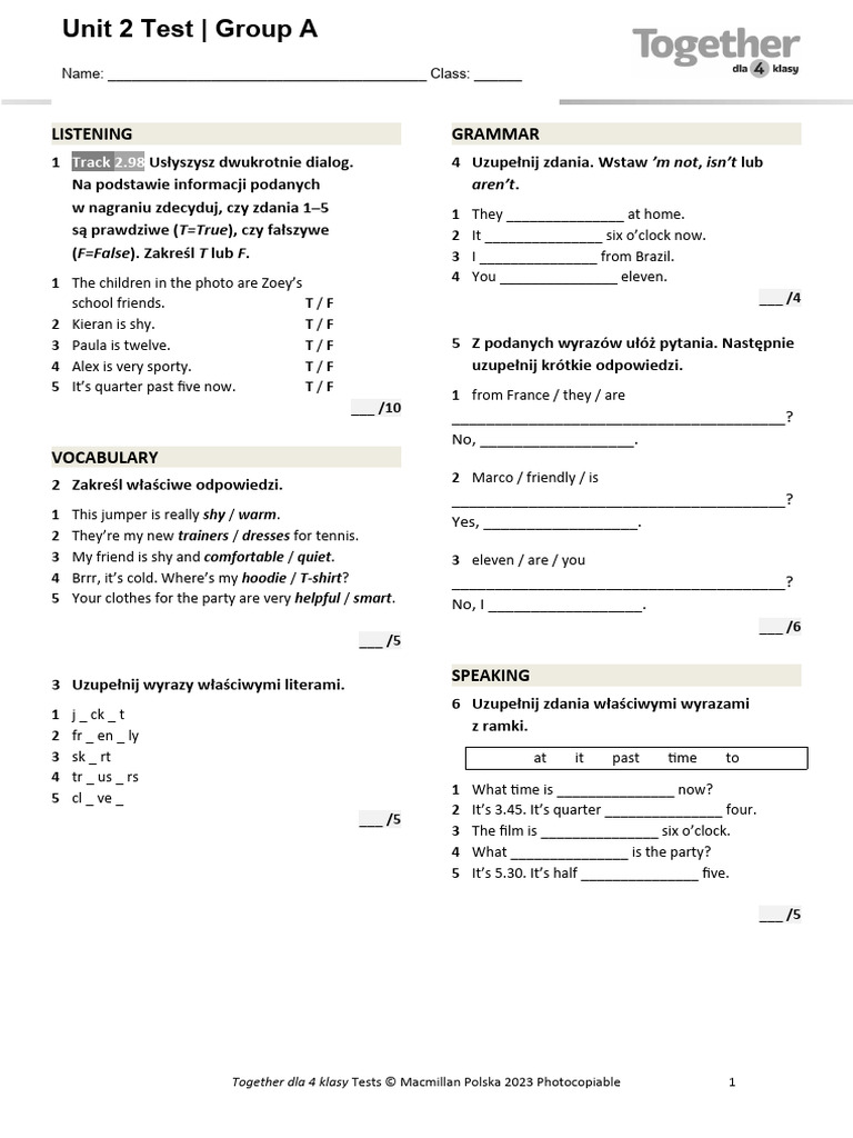 Together kl4 U2 Unit Test Standard A | PDF | Clothing | Fashion