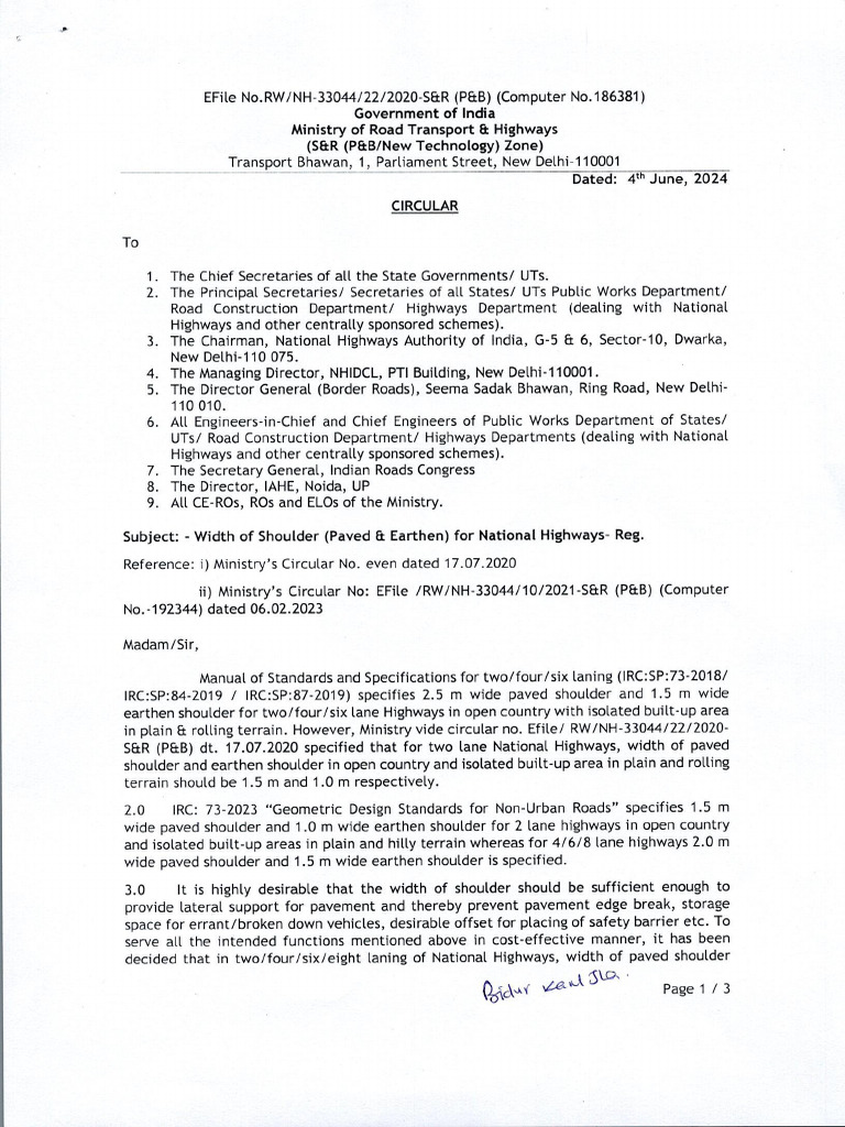 NHAI Circular Width of Shoulder For NH 04.06.2024 | PDF