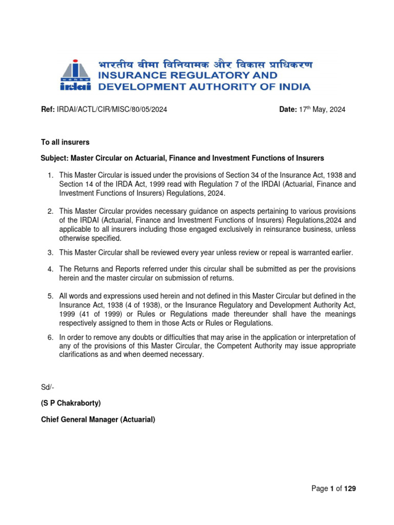 IRDA Master Circular On Actuarial, Investment Etc | PDF | Insurance ...
