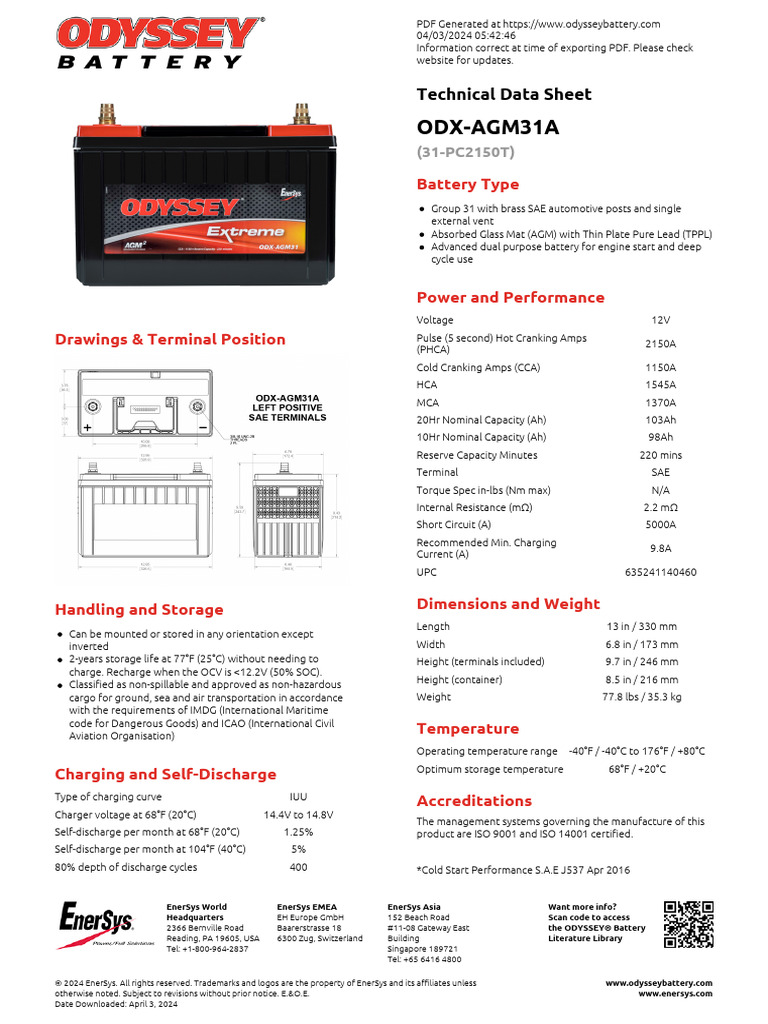 Odyssey Battery ODX-AGM31A | PDF | Battery (Electricity) | Energy Storage