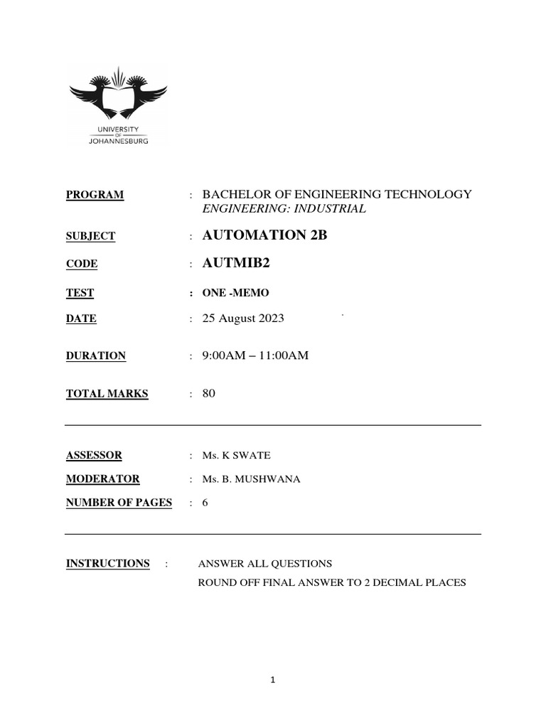 2023 Test 1 - MEMO | PDF | System | Automation
