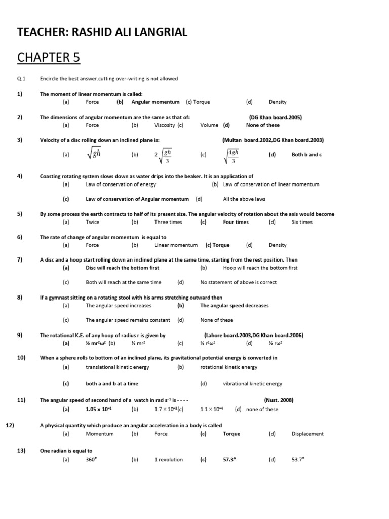 5+6 mcq - key | Download Free PDF | Rotation Around A Fixed Axis | Fluid Dynamics
