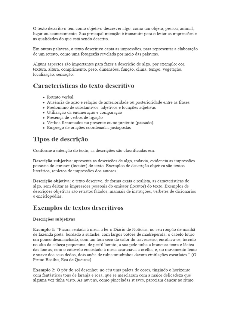 Características e Estrutura Do Texto Descritivo | Download grátis PDF ...