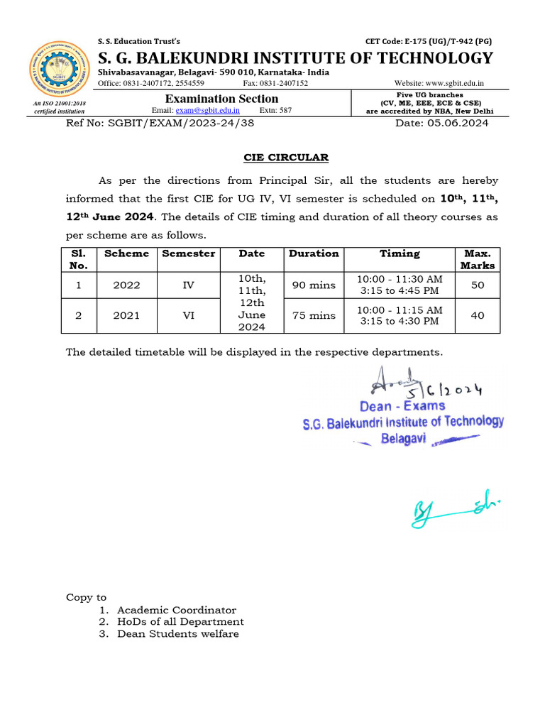 First CIE Circular - 4, 6 Sem | PDF