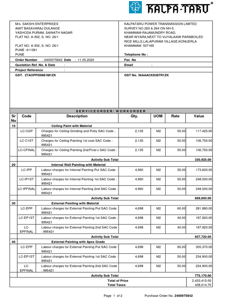PO - Painting Works - Sakshi Enterprise | PDF | Paint | Taxes