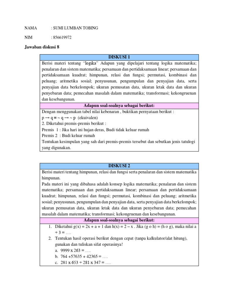 Jawaban MTK Diskusi 8 | PDF