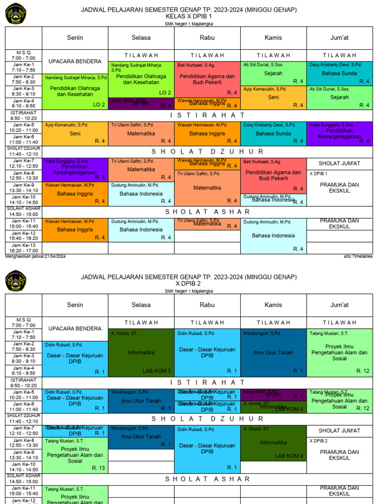 Jadwal Siswa Minggu Genap Semester Genap TP. 2023-2024 | PDF