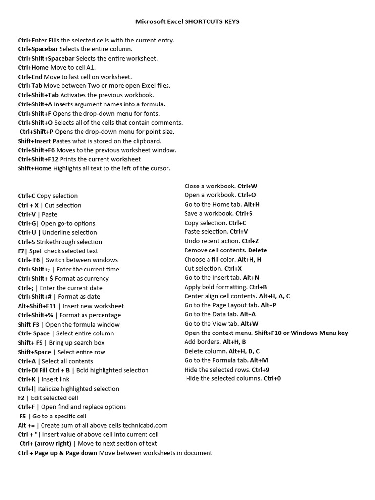 Microsoft Excel SHORTCUTS KEYS | PDF | Microsoft Excel | Text
