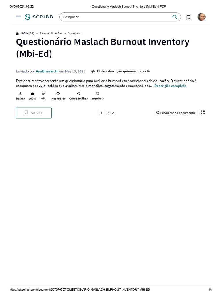 Questionário Maslach Burnout Inventory (Mbi-Ed) - PDF | PDF