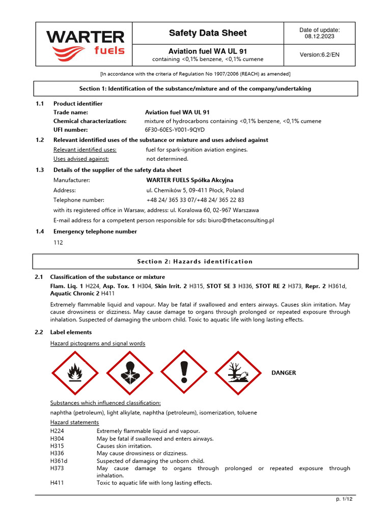 Aviation Fuel UL 91 - 08122023 - EN 3 | PDF | Toxicity | Personal ...