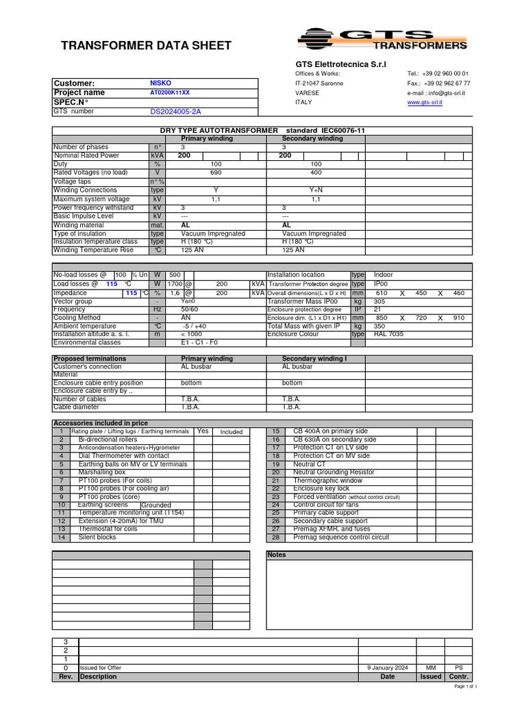 GTS Transformer Data Sheet for Nisko | PDF | Transformer | Electronic ...