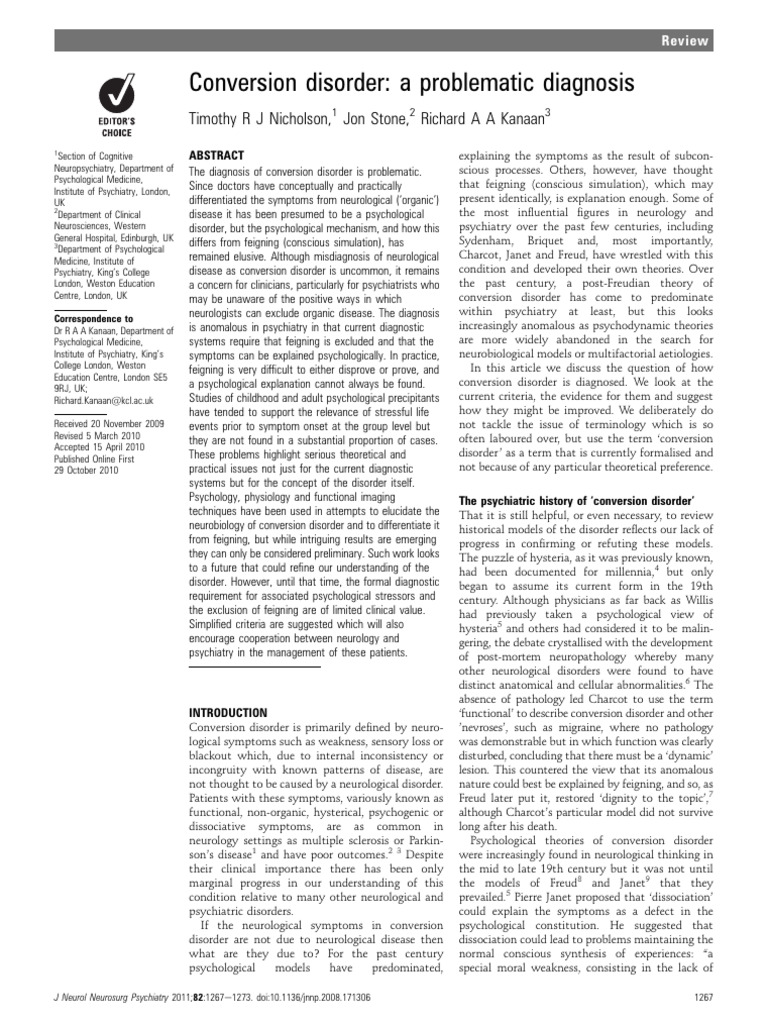 Conversion Disorder A Problematic Diagnosis | PDF | Mental Disorder ...