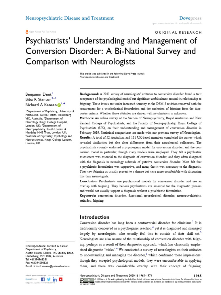 Psychiatrists’ Understanding and Management of Conversion Disorder A Bi-National Survey and ...