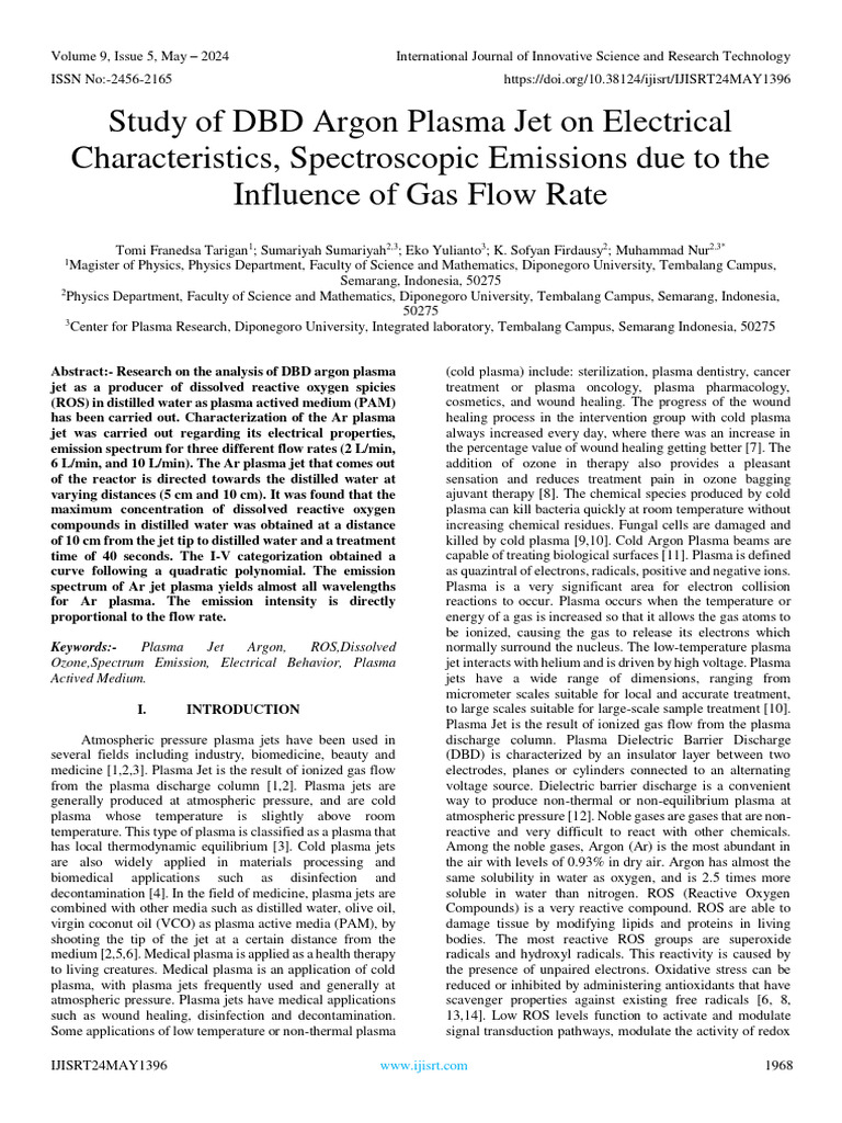 Study of DBD Argon Plasma Jet On Electrical Characteristics, Spectroscopic Emissions Due To The ...