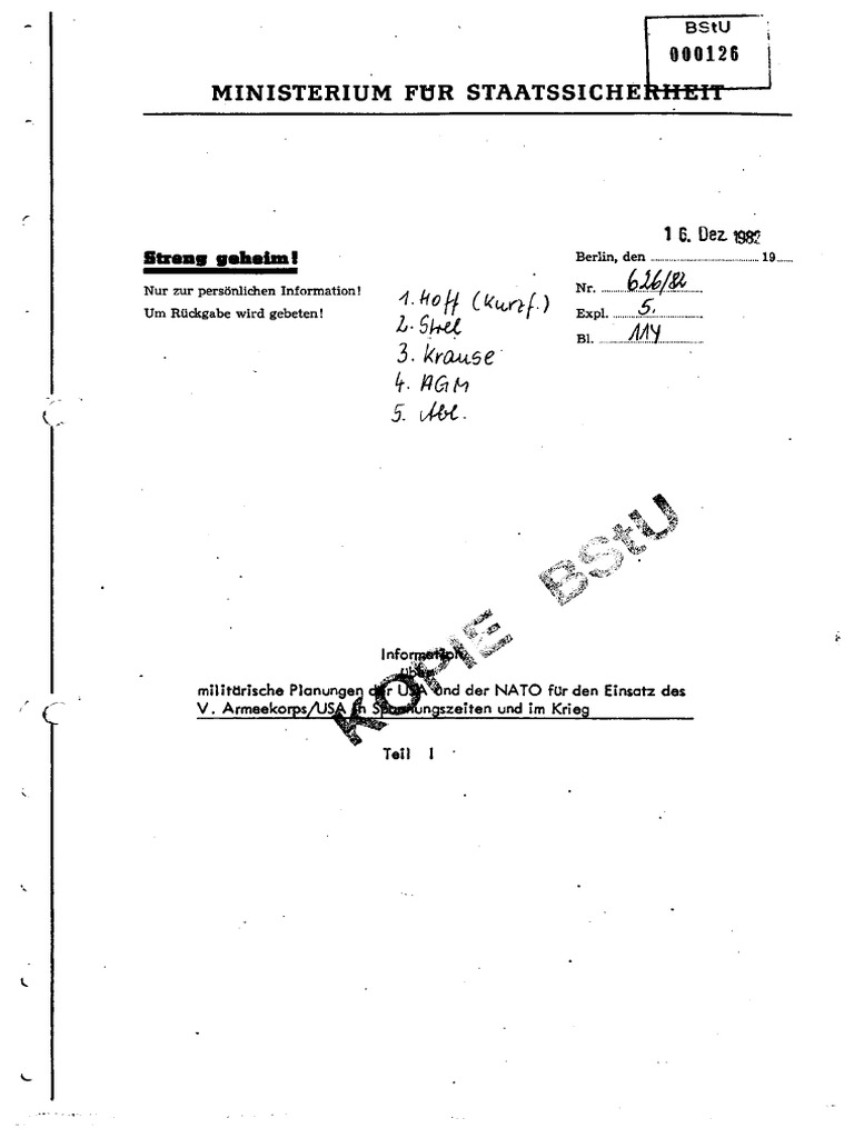 OPLAN 33001, GDP, V US Corps, 1982 Spionage Durch Stasi | PDF