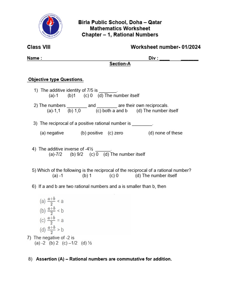 GR 8 CH 1WS 1 (Standard) Docx | PDF | Multiplication | Rational Number