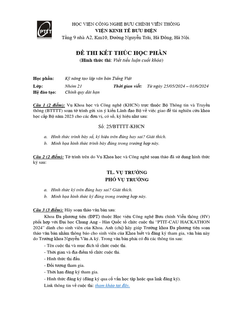 ĐỀ THI CUỐI KỲ - nhóm 21 - Kỳ 2 (2023-2024) | PDF