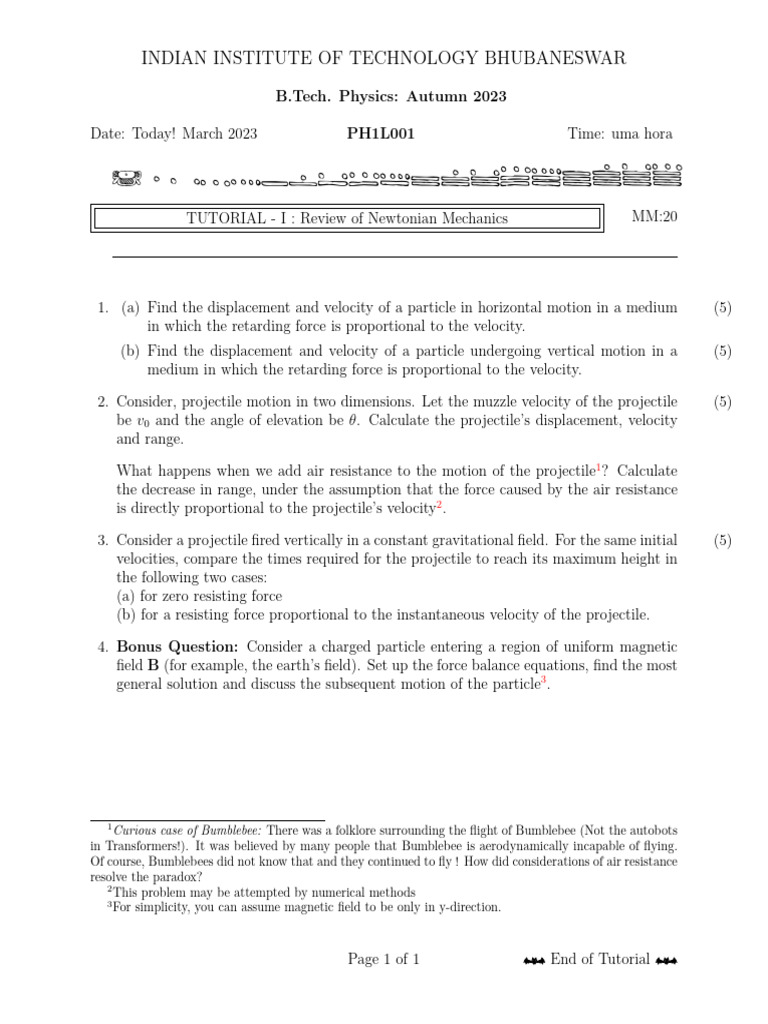 Tutorial 1 BTech Autumn 2023 | PDF | Science & Mathematics
