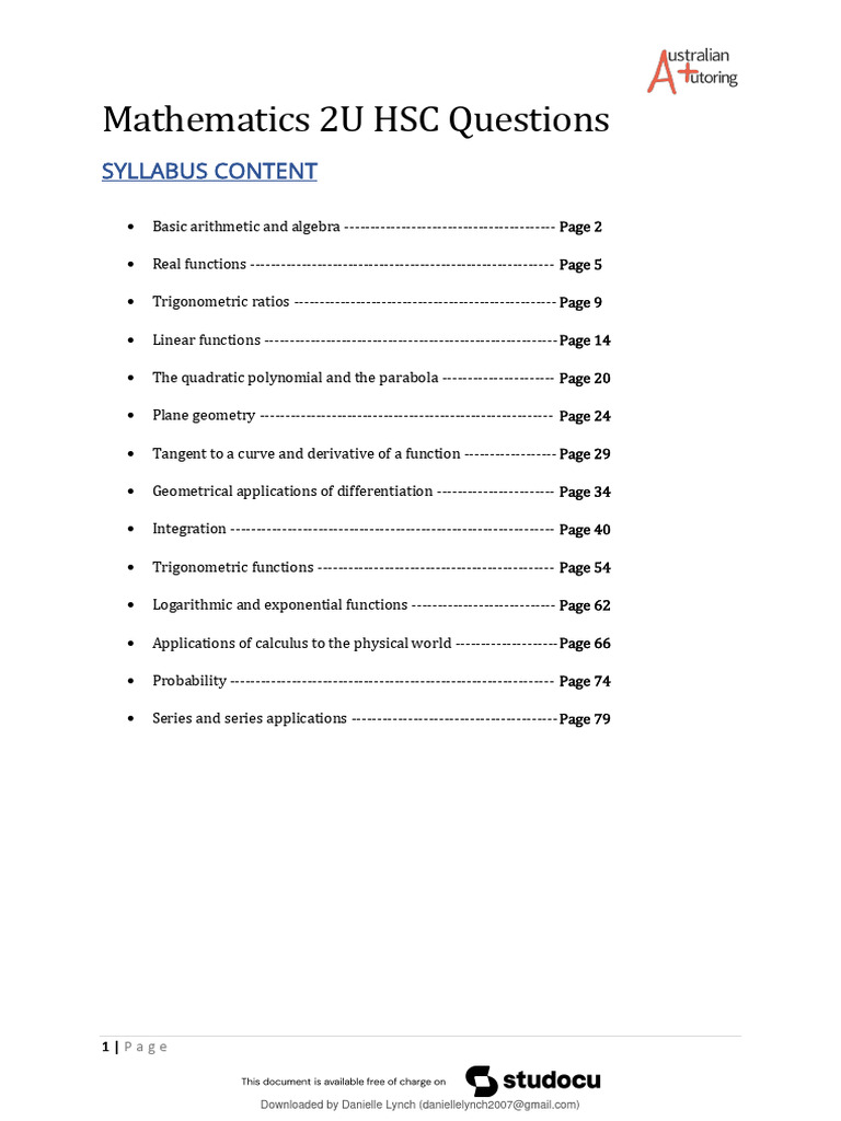 2 UNit HSC Questions By Topic Download Free PDF Tangent Derivative