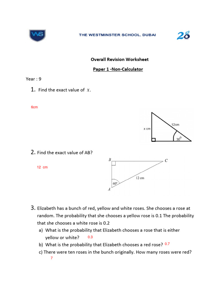 Year 9 Maths Revision Worksheet | PDF | Applied Mathematics