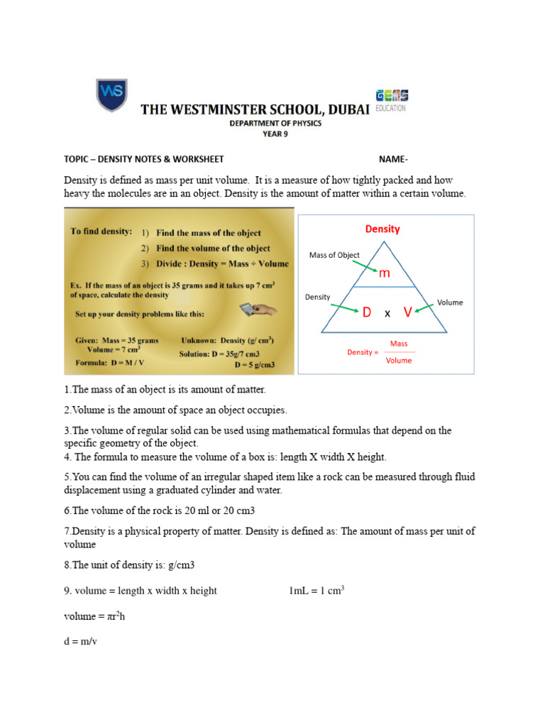 Density REVISION WRKSHT YR9 PHY | PDF | Home & Garden