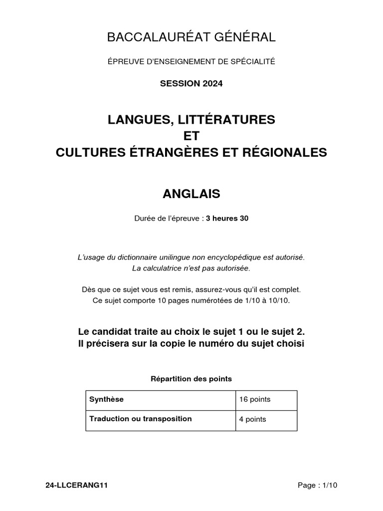 Bac 2024 LLCER Anglais Groupe 1 J2 | PDF | Wuthering Heights
