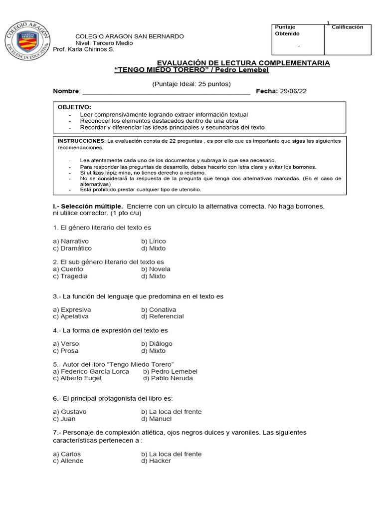 Evaluación de "Tengo Miedo Torero" | PDF | Verdad