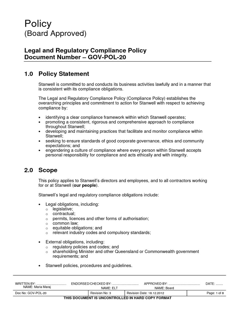 Legal and Regulatory Compliance Policy | PDF | Regulatory Compliance ...