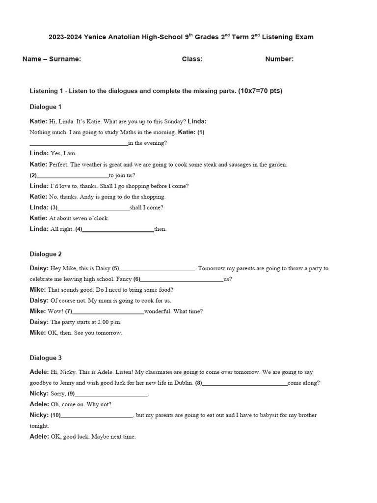 9th Grade Listening Exam 2023-2024 | PDF