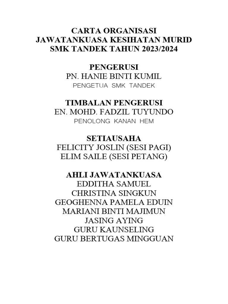 Carta Organisasi Jawatankuasa Kesihatan Murid SMK | PDF