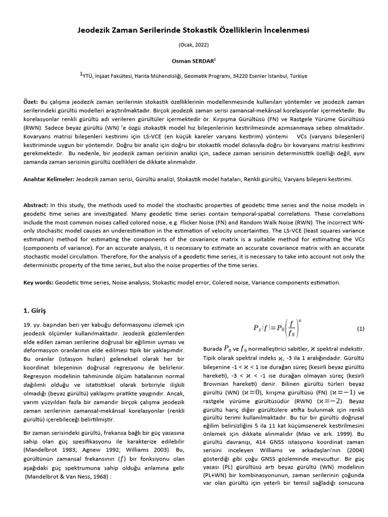 Jeodezik Zaman Serilerinde Stokastik Özelliklerin İncelenmesi | PDF