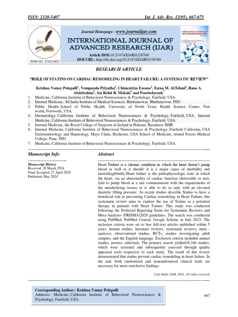 Role of Statins On Cardiac Remodeling in Heart Failure: A Systematic ...