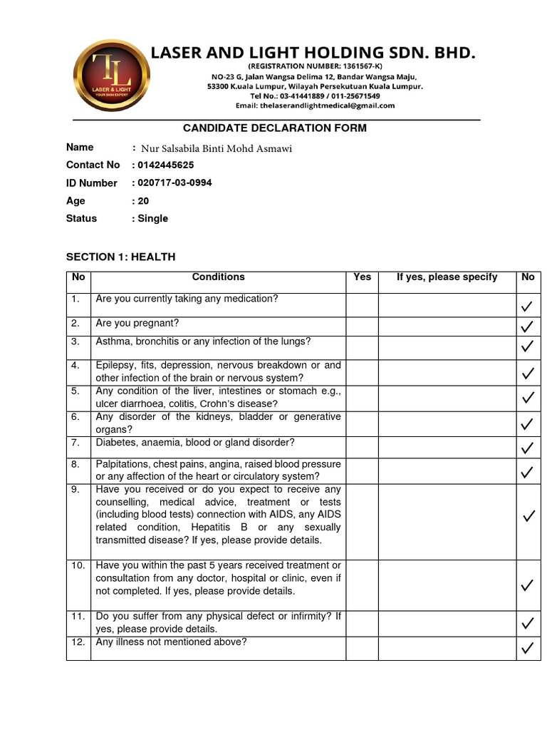 Health Declaration Form | PDF | Hiv/Aids | Medical Specialties