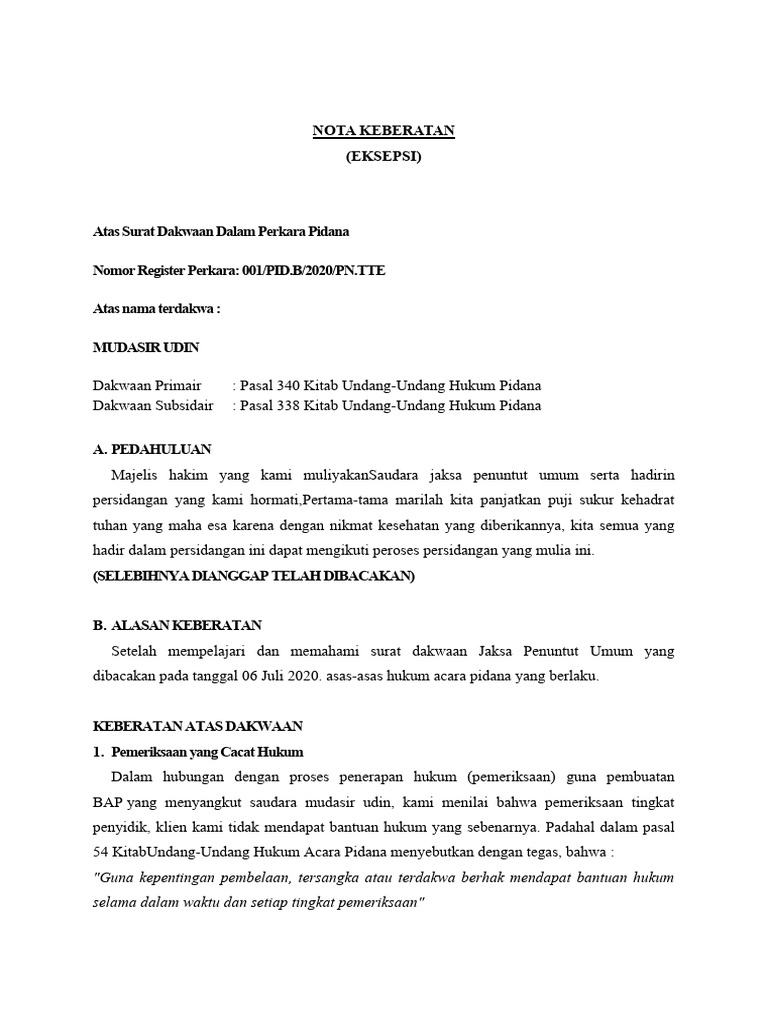 Nota Keberatan Eksepsi Penasehat Hukum | PDF