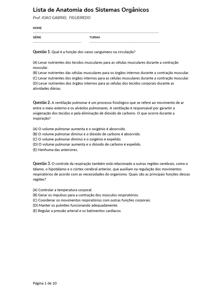 Lista De Anatomia Dos Sistemas Orgânicos Pdf Digestão Pulmão