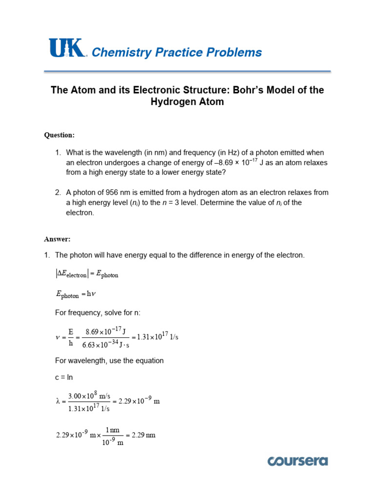 Bohr Model Hydrogen Atom Problems | PDF | Energy Level | Electron