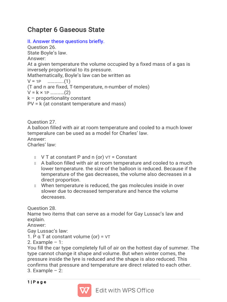 Chapter 6 Gaseous State Book Back | PDF | Gases | Atmosphere Of Earth
