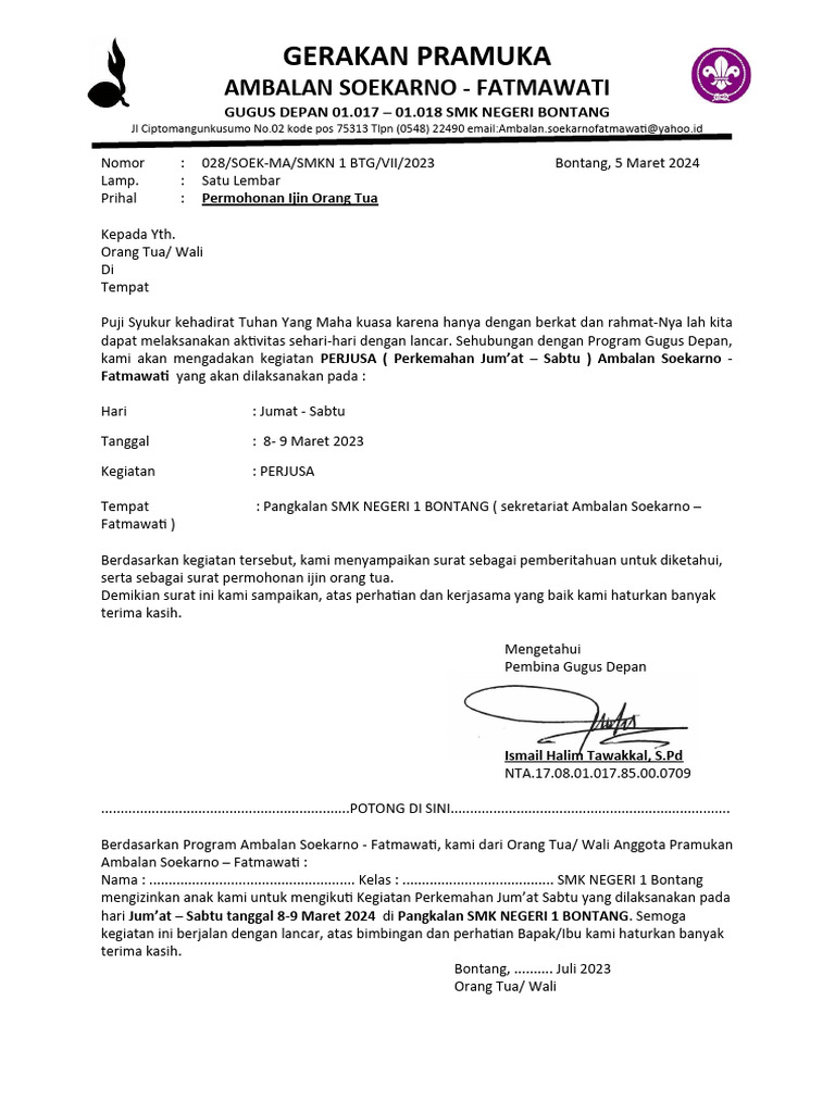 Surat Izin Perjusa Orang Tua Pramuka | PDF