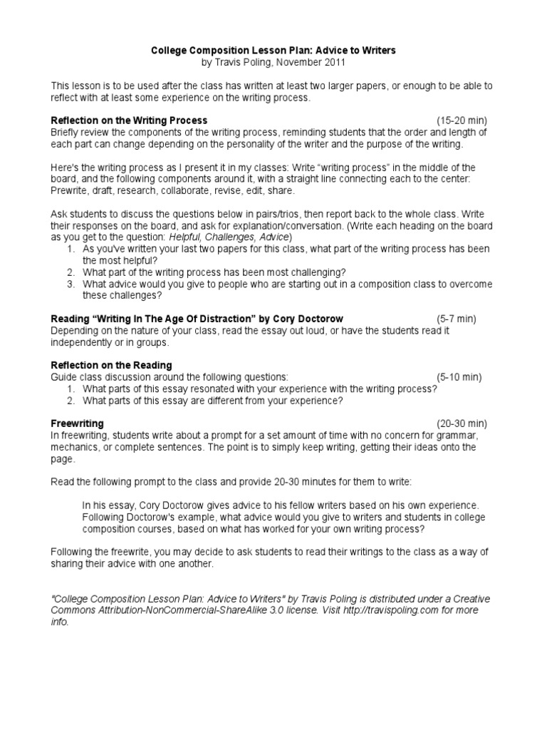 College Composition Lesson Plan - Advice To Writers | PDF | Lesson Plan ...