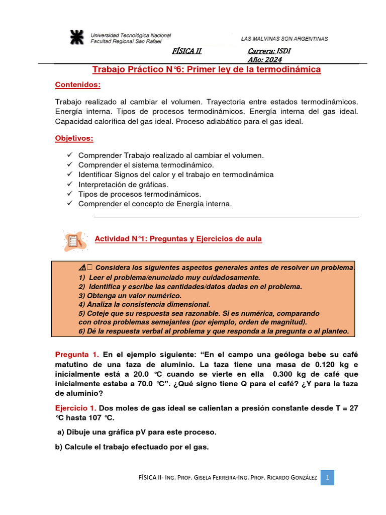 TP N°6- Primer ley de la termodinamica | Descargar gratis PDF | Gases | Termodinámica