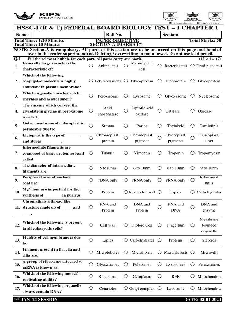 232 11 FB BIO CT-1 (08-Jan) | PDF | Cell (Biology) | Organelle