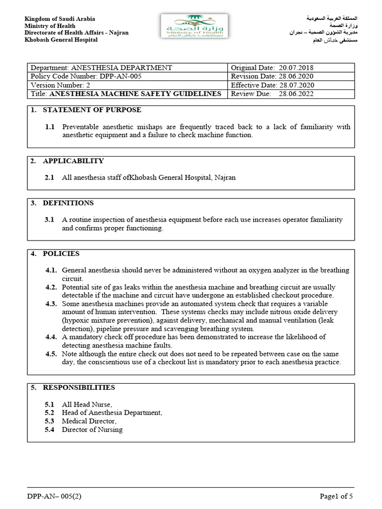 Dpp-An-005 (2) Anesthesia Machine Safety Guidelines | PDF | Anesthesia ... Dpp-An-005 (2) Anesthesia Machine Safety Guidelines | PDF | Anesthesia ...