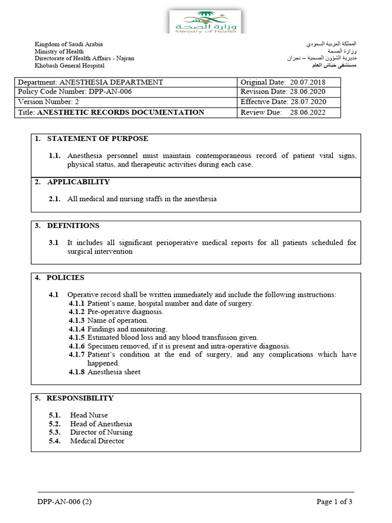 Dpp-An-006 (2) Anesthetic Records Documentation | PDF | Anesthesia ...