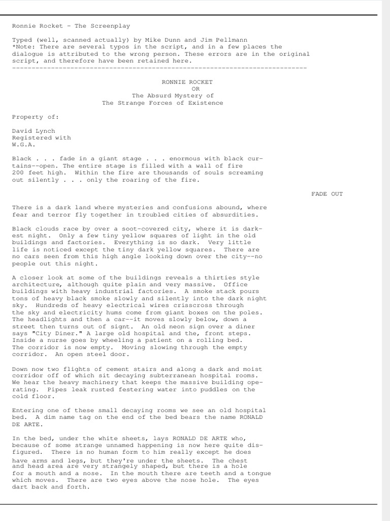 Ronnie Rocket by David Lynch | PDF